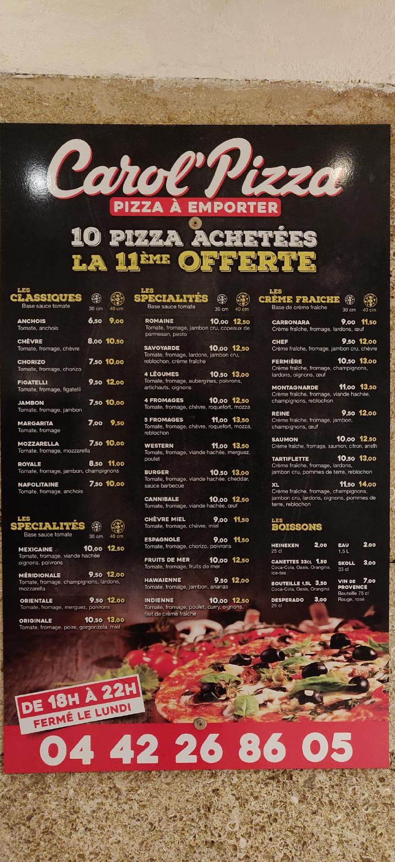 Menu at Carol' Pizza pizzeria, Jouques