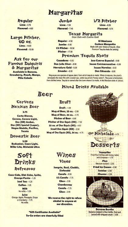 Menu at El Mexicano restaurant, Clover