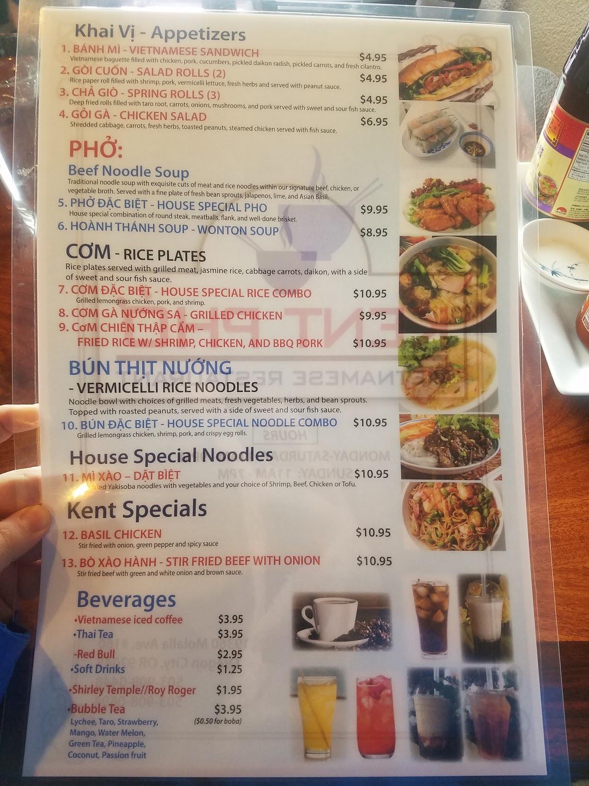 Menu at Kent Phó Vietnamese Restaurant, Oregon City