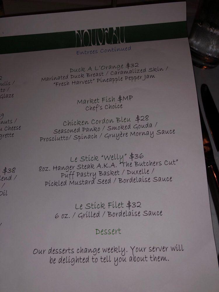Menu at Le Stick Nouveau restaurant, Eureka Springs, 63A Spring St