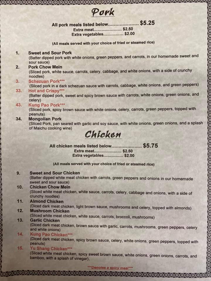 Menu at Ming's Restaurant, Papillion
