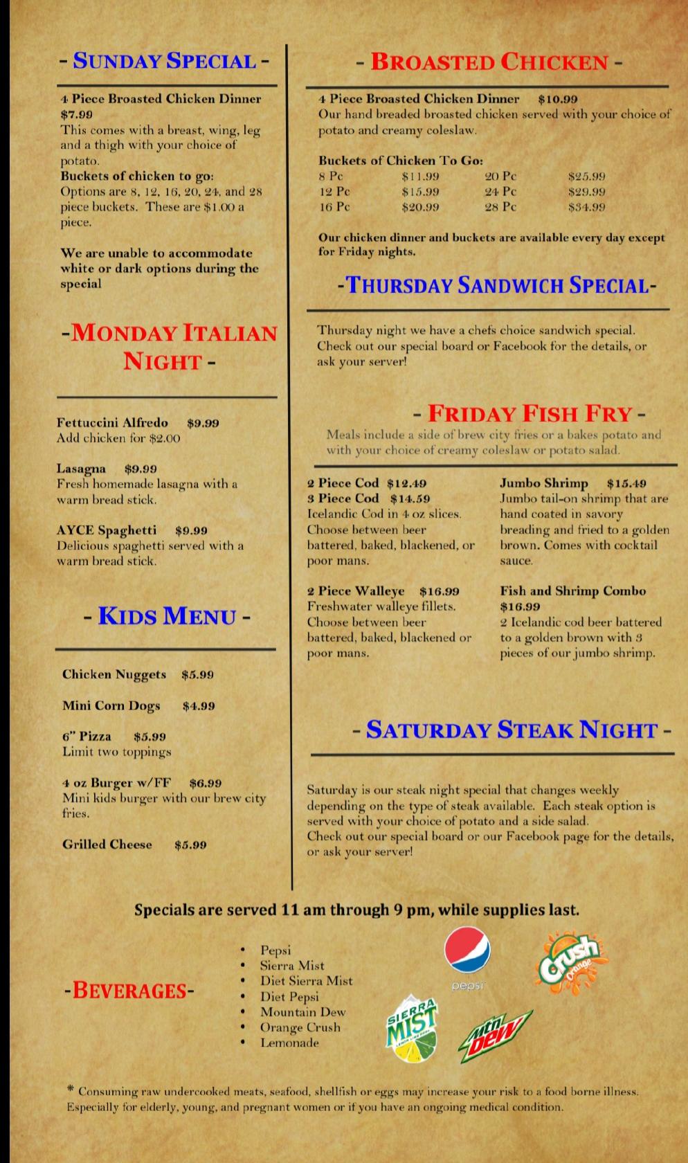 Menu at Northwoods Veteran Post restaurant, Merrill