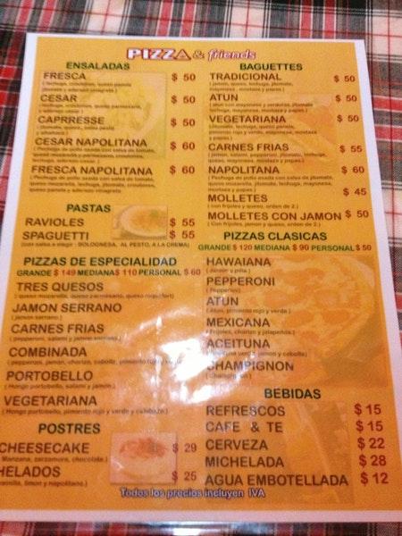 Menu at Pizza & Friends pizzeria, Mexico City