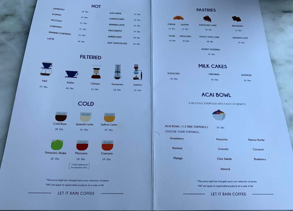 Menu at Rain cafe, Abu Dhabi, Mohammed Bin Khalifa St