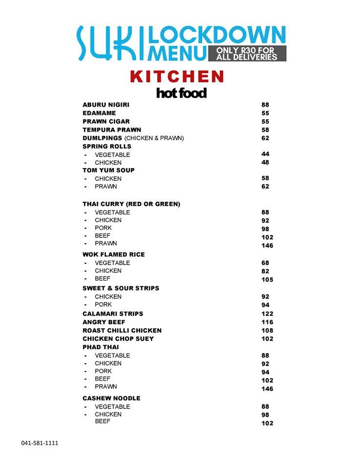Menu at SUKI Sushi & Asian Cuisine restaurant, Port Elizabeth