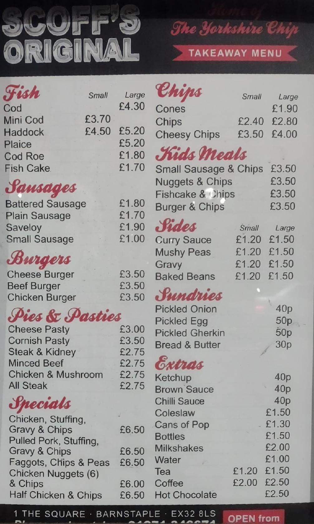 Menu at Scoff's Original Restaurant & Takeaway, Barnstaple