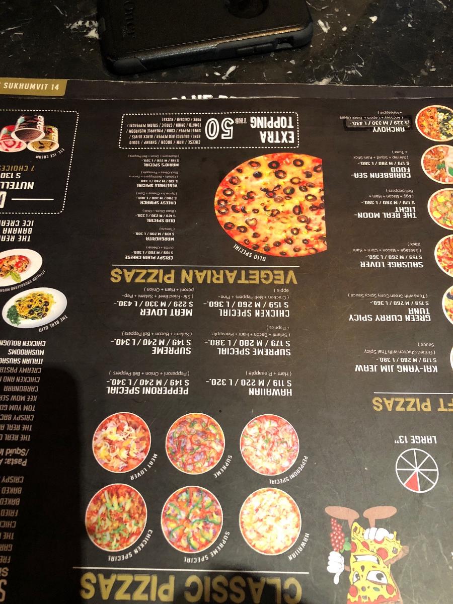 Menu at The Real Pizza Service restaurant, Bangkok