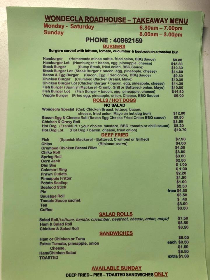 Menu at Wondecla Roadhouse fast food, Wondecla, Longlands Gap Rd