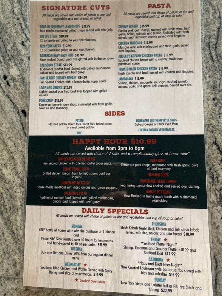 Menu at Angelo's Southern Grill restaurant, Naples
