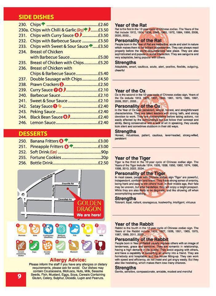 Menu at Golden Dragon fast food, Felixstowe, 3 Granville Rd