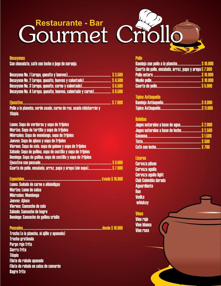 Carta del pub y bar Gourmet Criollo, Medellín