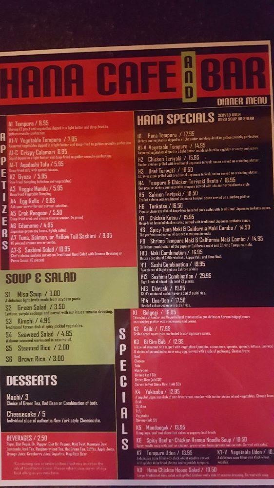 Menu at Hana Cafe, Wichita