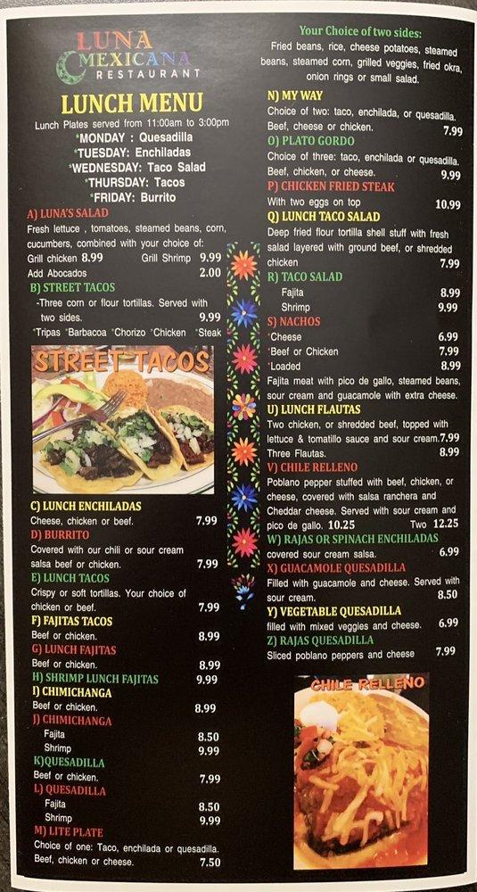 Menu at Luna Mexicana Restaurant, Woodward