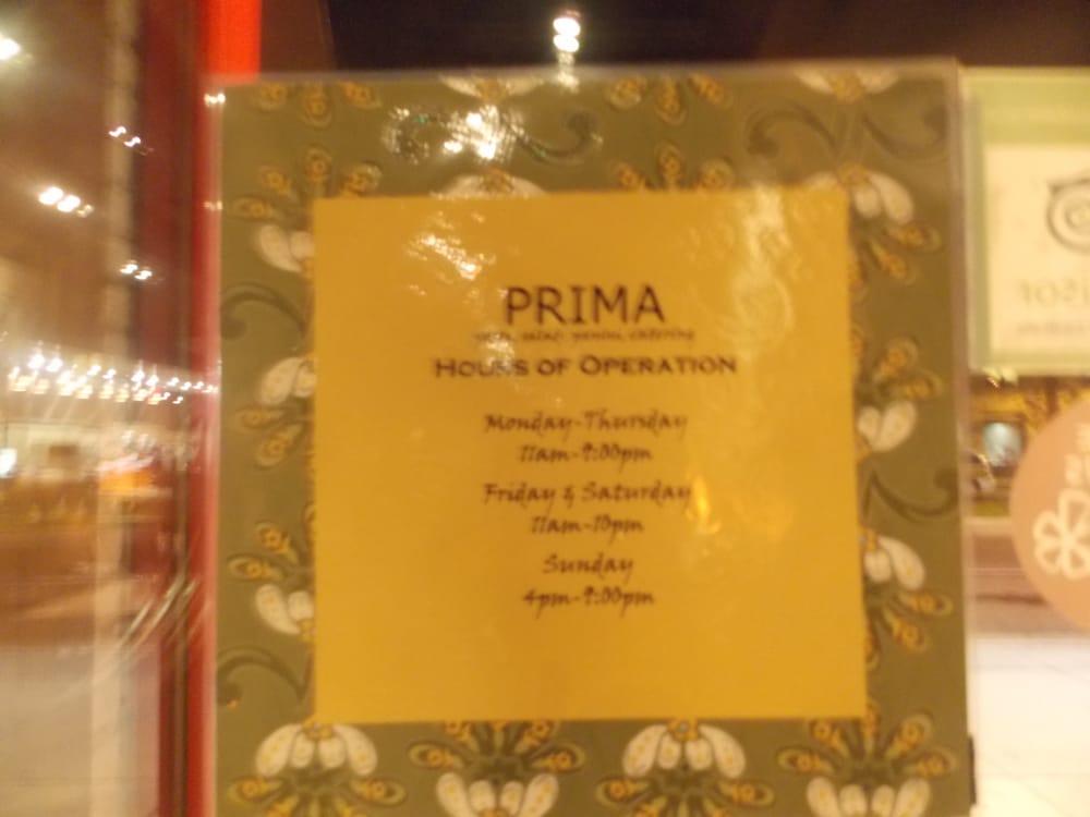 Menu at Prima restaurant, Minneapolis