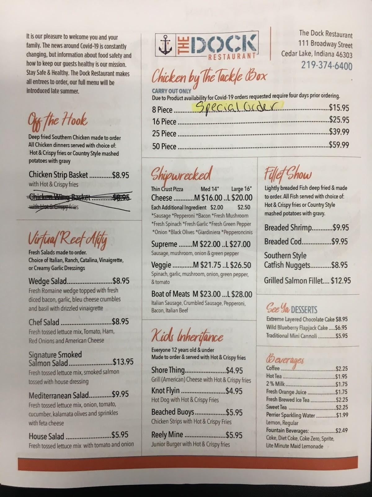 Menu at The Dock Restaurant, Cedar Lake