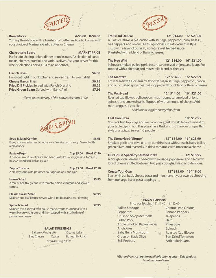 Menu at Trails End Roadhouse & StoneHead Pizza Co. pub & bar, USA, IN-135