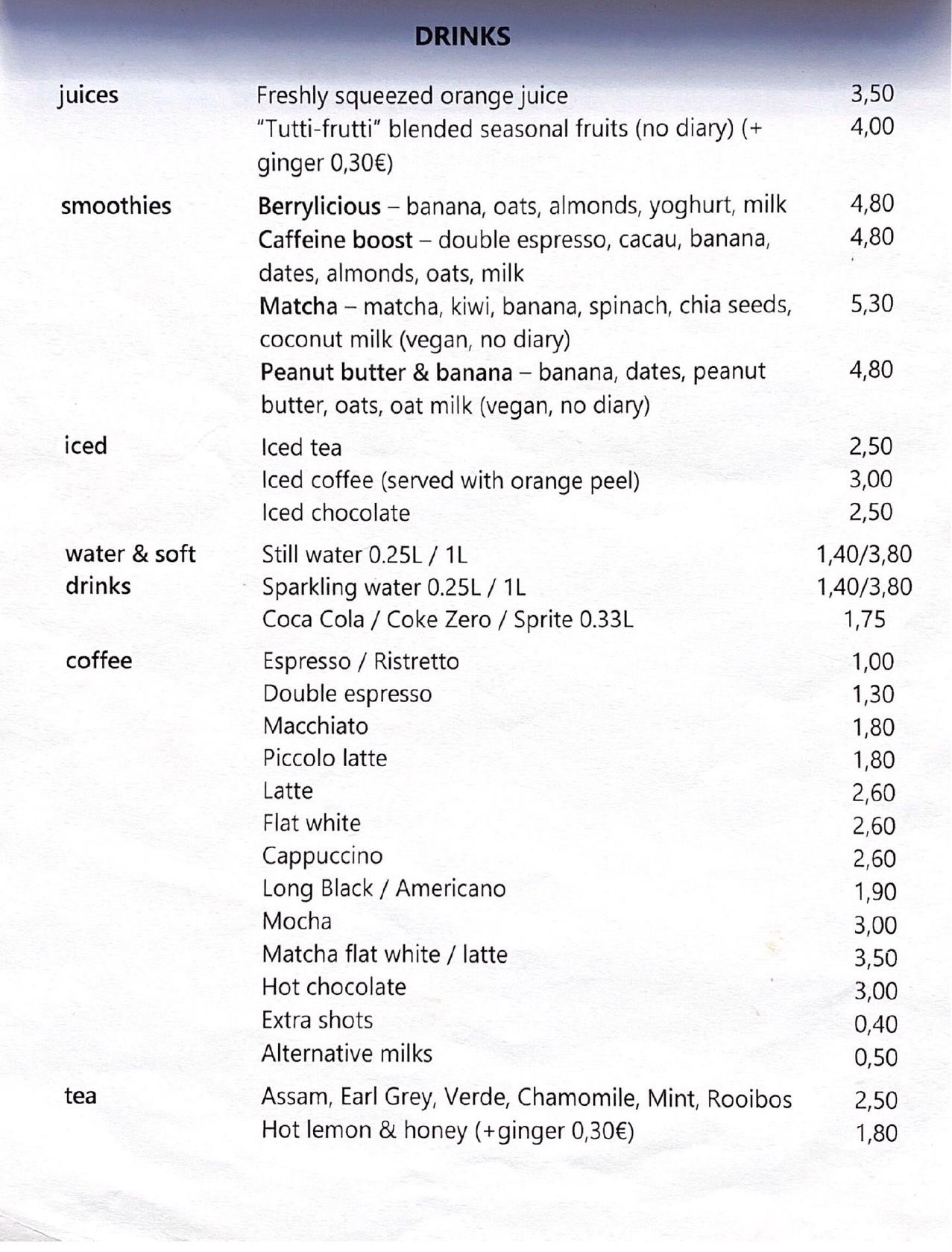 Menu at the mill pub & bar, Lisbon