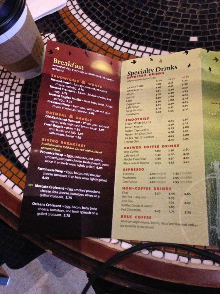 Menu at Blackbird cafe, Topeka