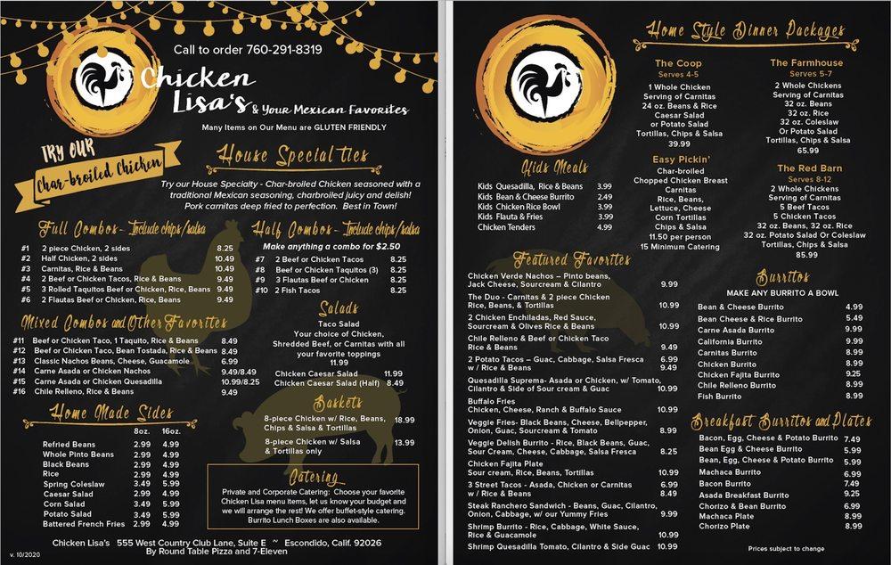 Menu at Chicken Lisa's and Your Mexican Favorites fast food, Escondido