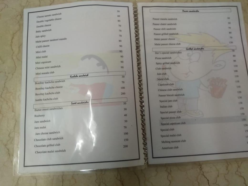 Menu at Dev Sandwiches, Indore, Shree Krishana Chamber