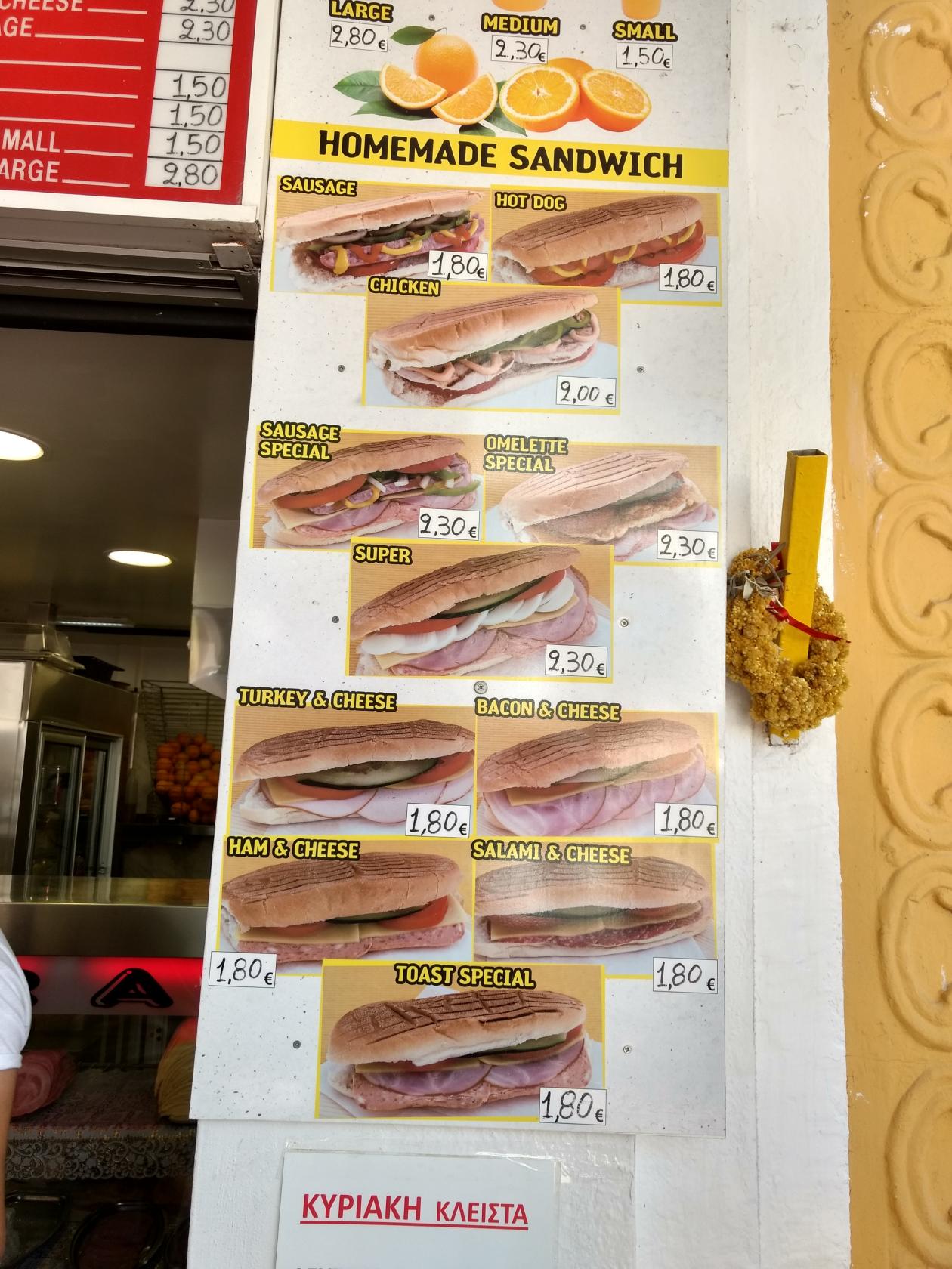 Menu at General, Rhodes