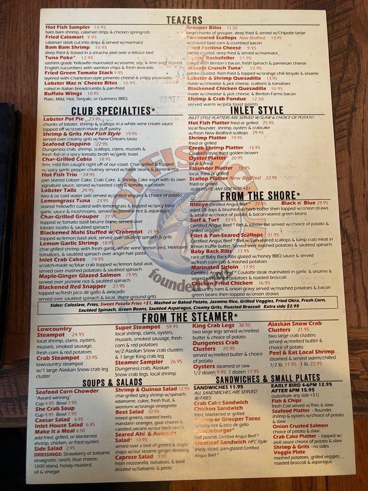 Menu at Hot Fish Club, Murrells Inlet