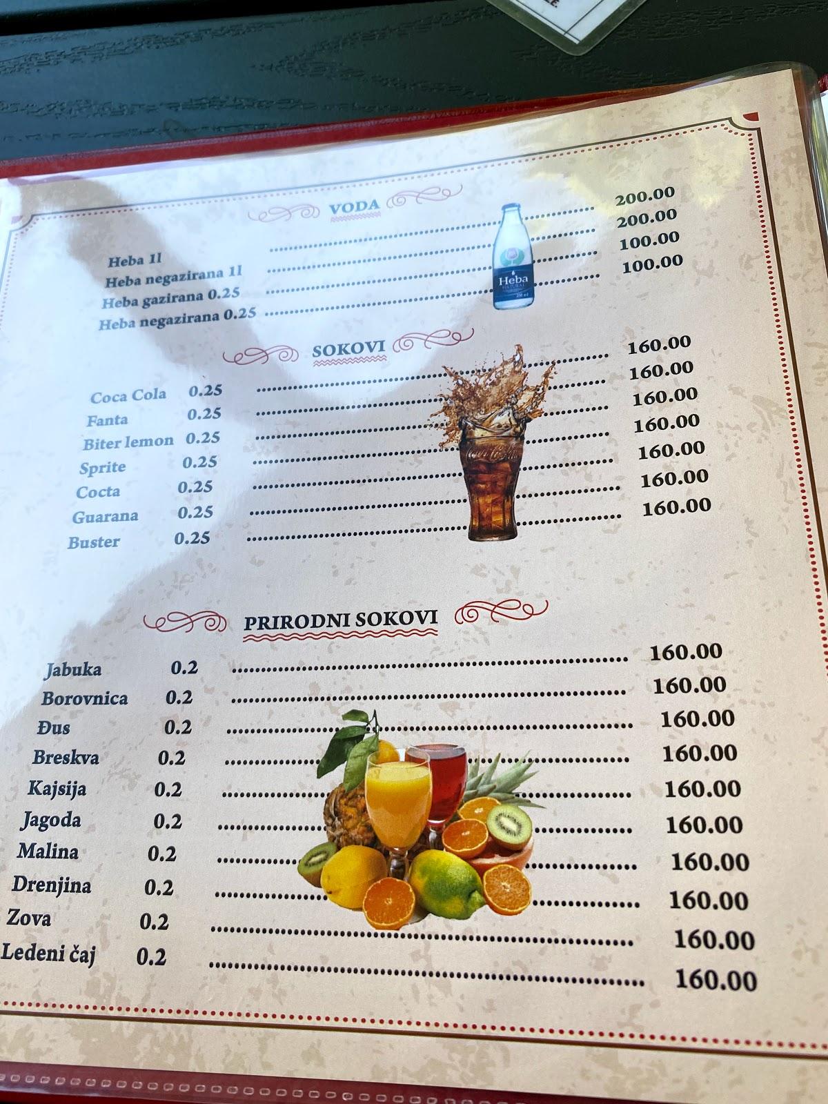 Menu at Mita Žar restaurant, Belgrade