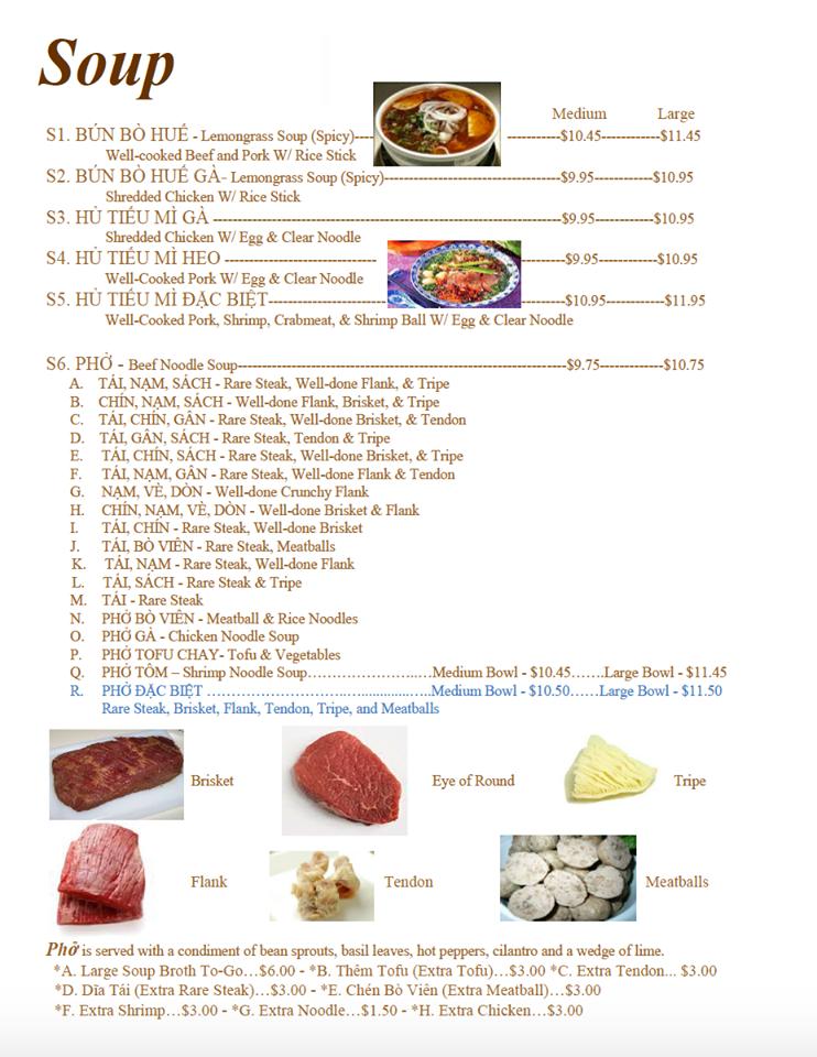 Menu at Pho Bistro restaurant, York