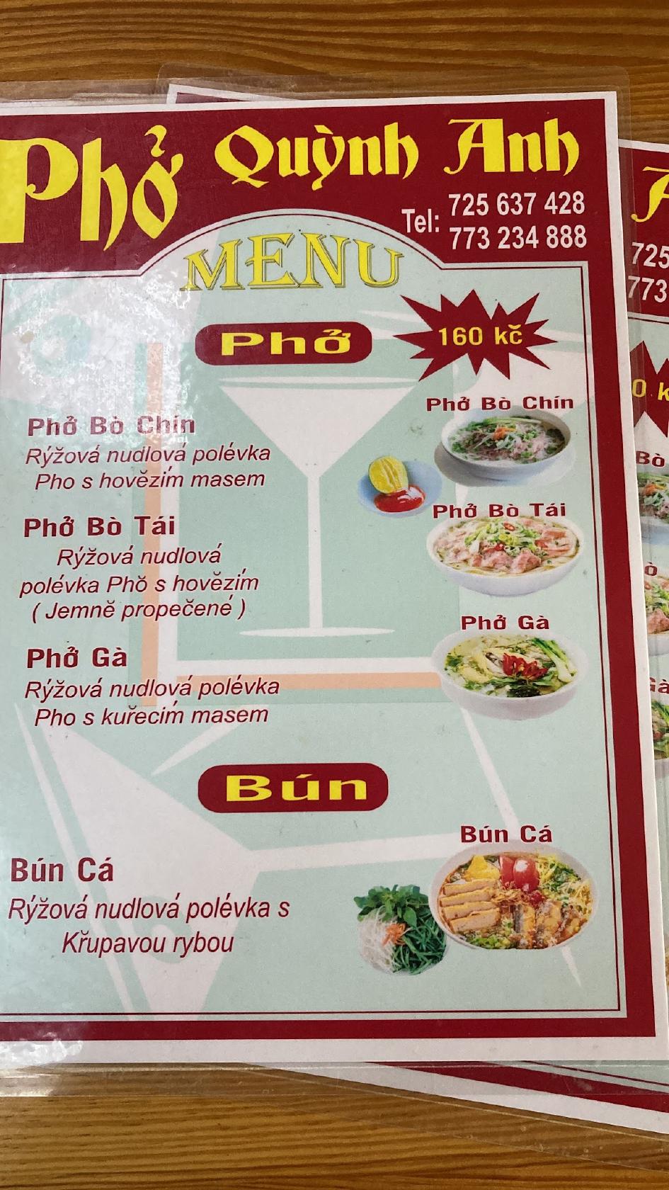 Menu at Phở Quỳnh Anh restaurant, Prague, Little Hanoi