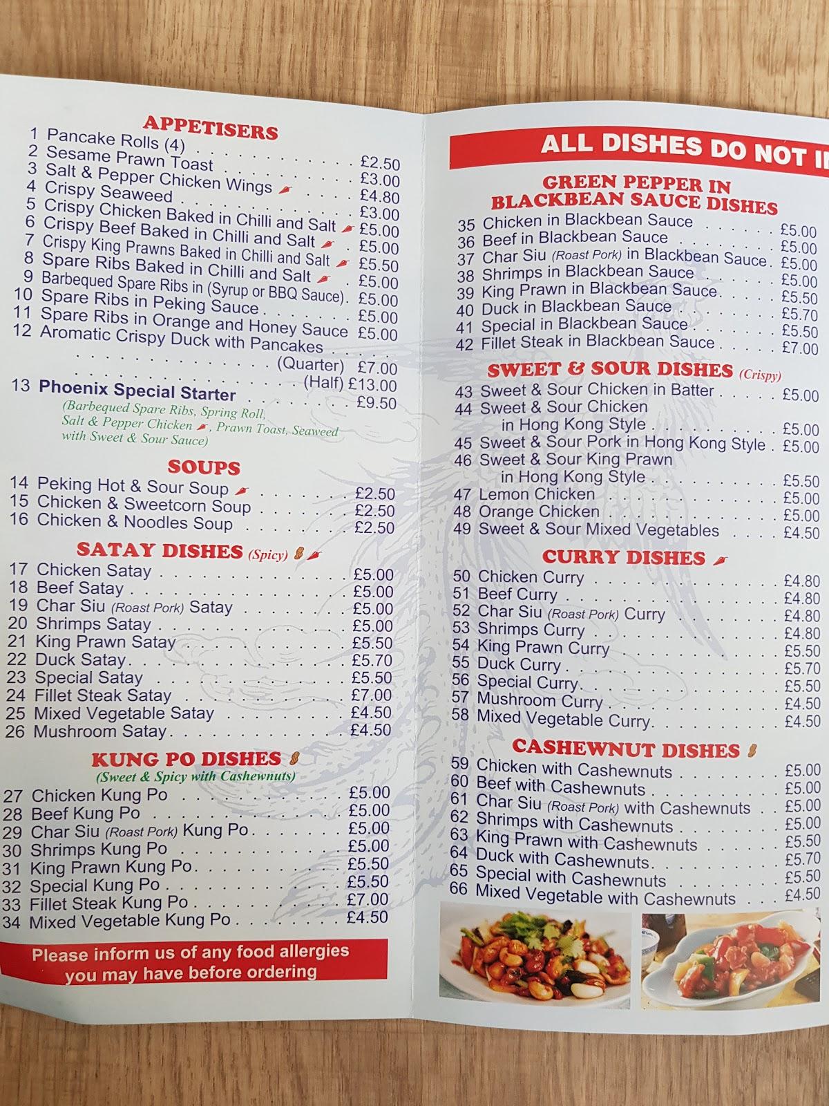 Menu at Phoenix fast food, Llangefni