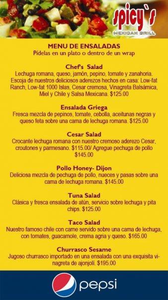 Menu at Spicy's Mexican Grill restaurant, Santo Domingo, Winston ...