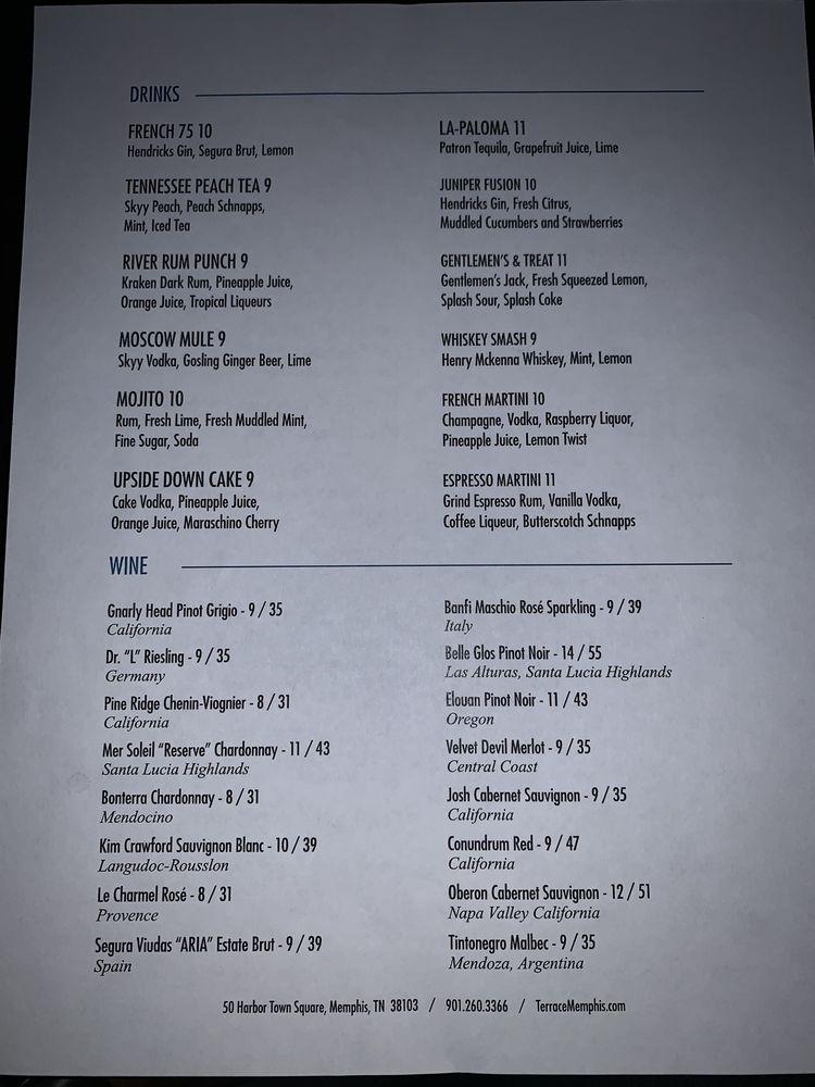 Menu at Terrace at The River Inn pub & bar, Memphis
