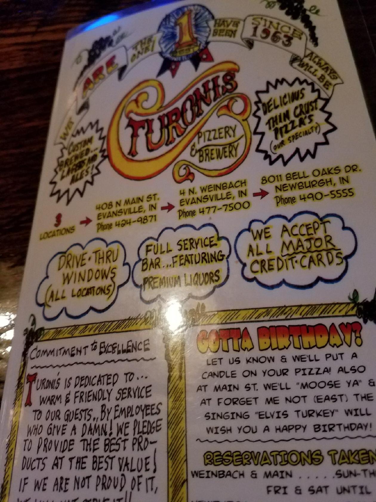 Menu at Turoni's Pizzery & Brewery pizzeria, Evansville, 408 N Main St