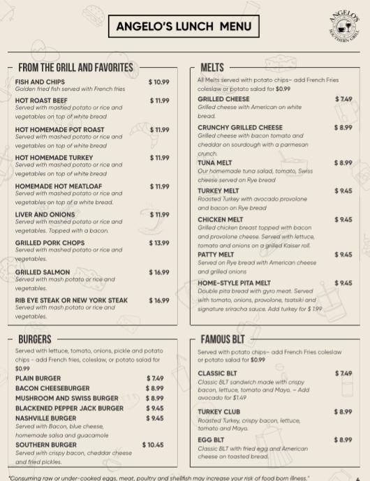 Menu at Angelo's Southern Grill restaurant, Naples