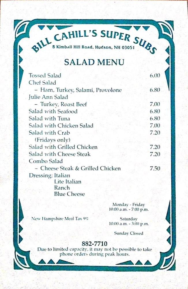 Menu at Bill Cahill's Super Subs restaurant, Hudson