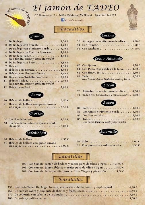 Menu at EL JAMON DE TADEO restaurant, Calahorra, C. Bebricio
