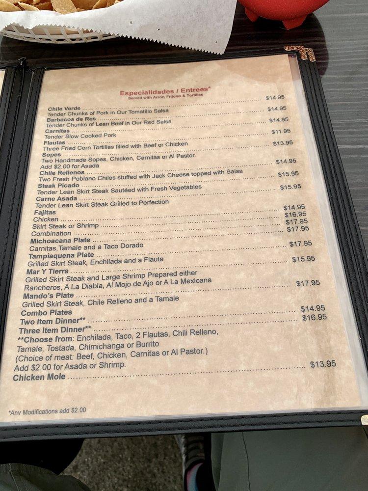 Menu at Mando's Restaurant, Pacific Grove