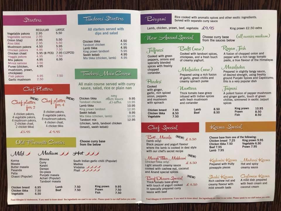Menu at New Anand restaurant, Glasgow, 76 Nithsdale Rd