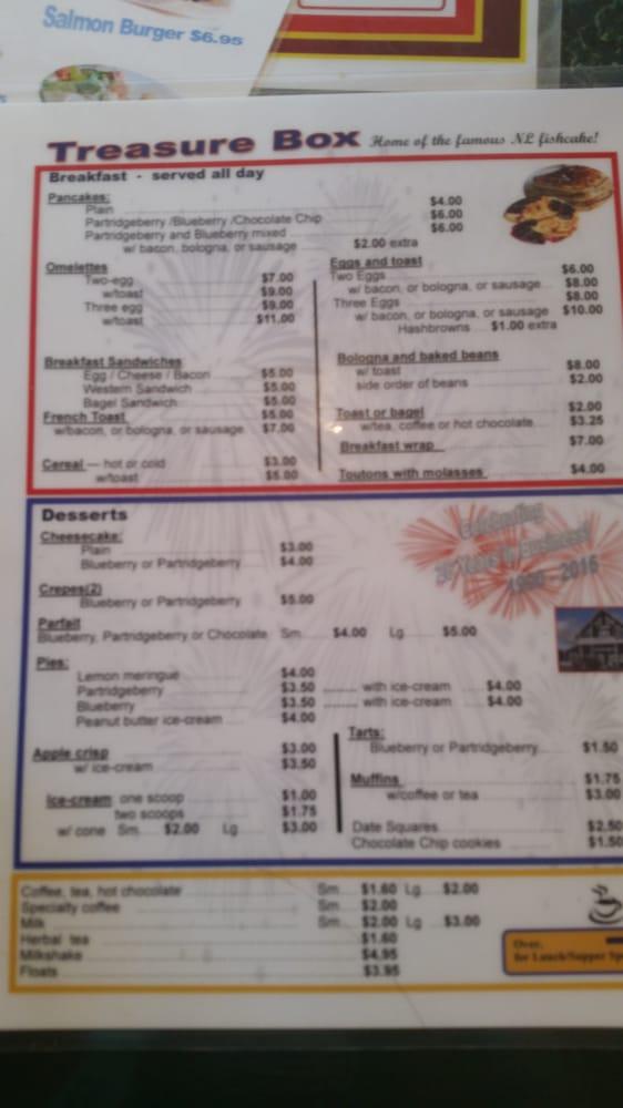 Menu at Treasure Box restaurant, Rocky Harbour