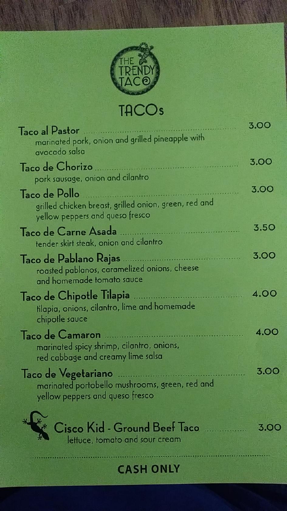 Menu at Trendy Taco restaurant, Wilmette