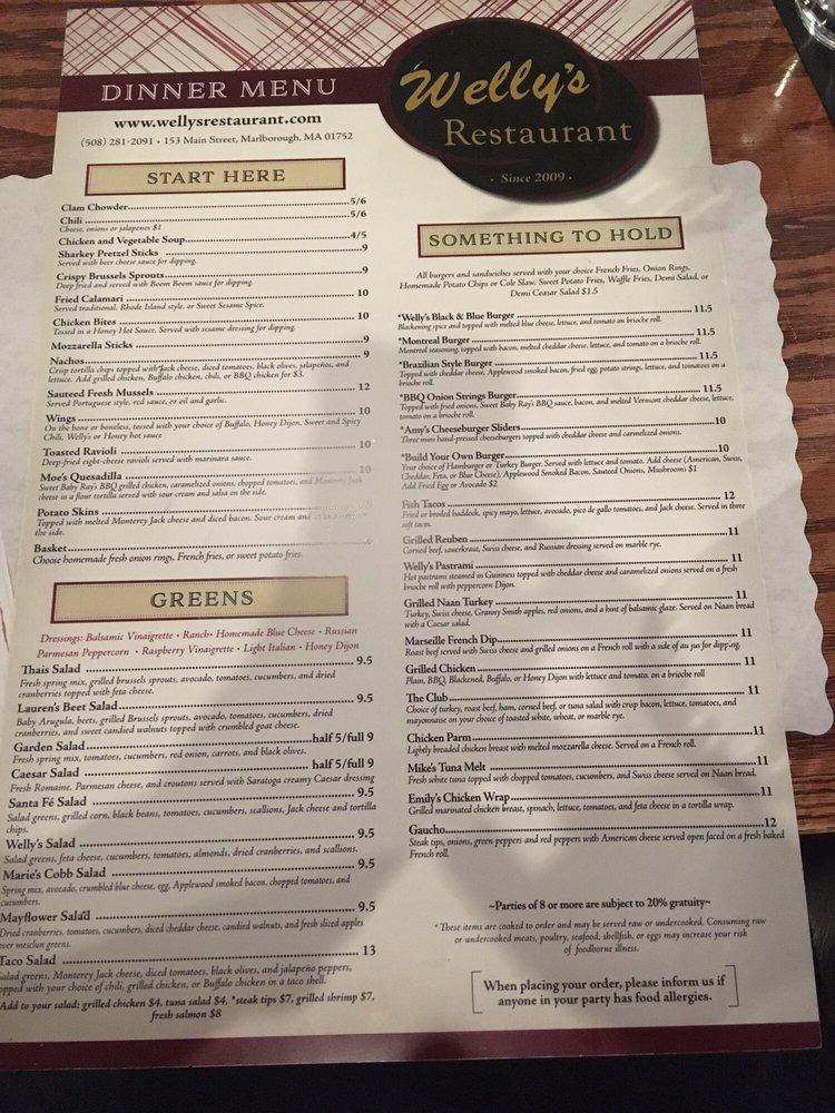 Menu at Welly's Marlborough pizzeria, Marlborough