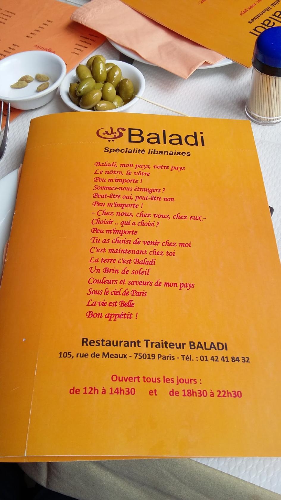 Menu at Baladi restaurant, Paris
