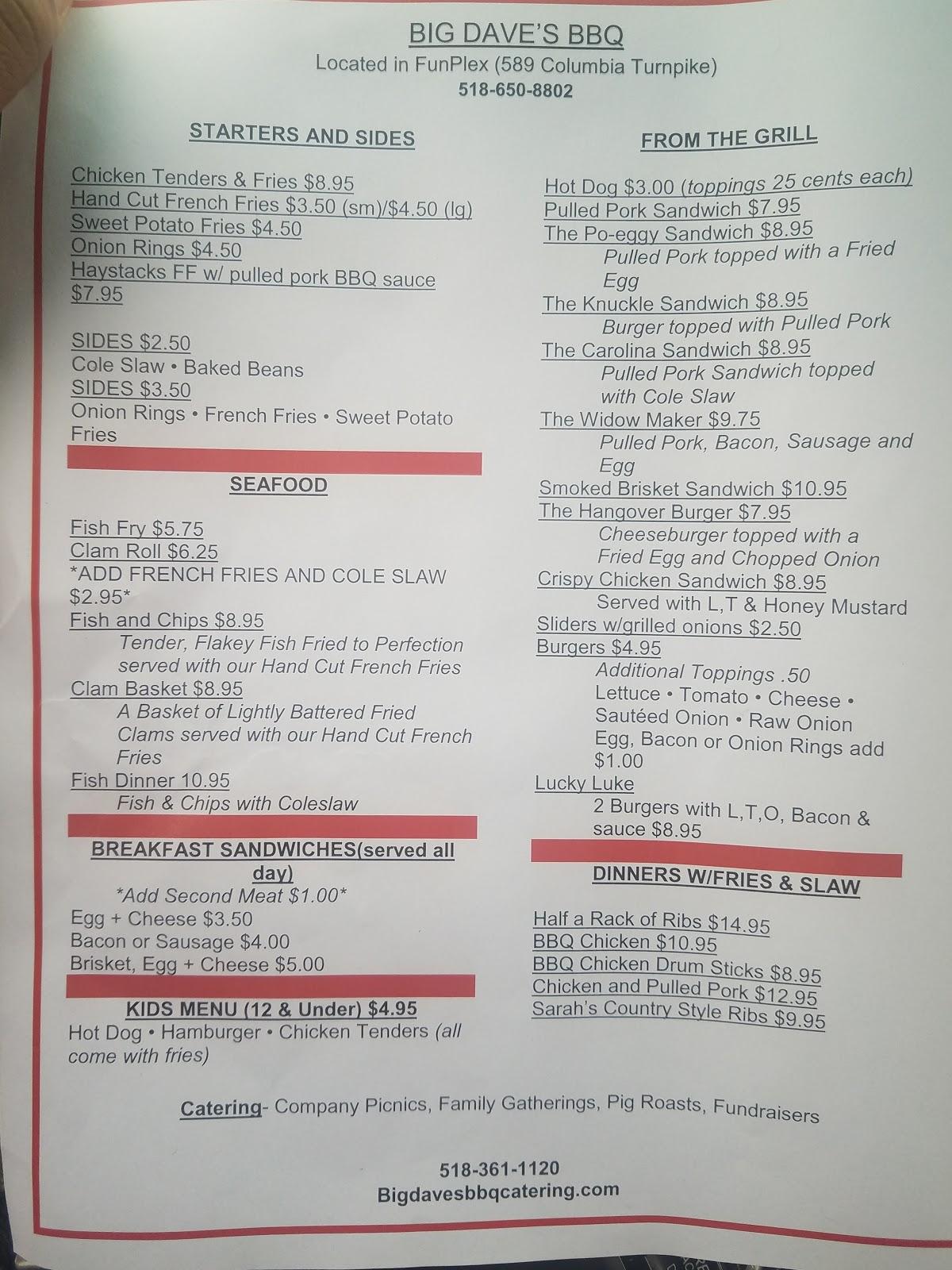 Menu at Big Daves BBQ, Troy