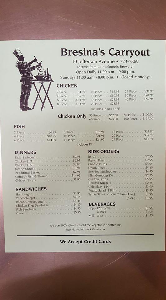 Menu at Bresina's Carry Out restaurant, Chippewa Falls