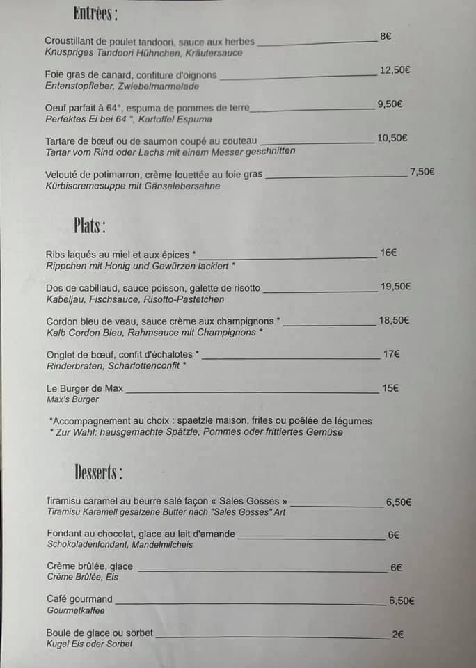 Menu au Restaurant Chez Max Wissembourg France, Wissembourg