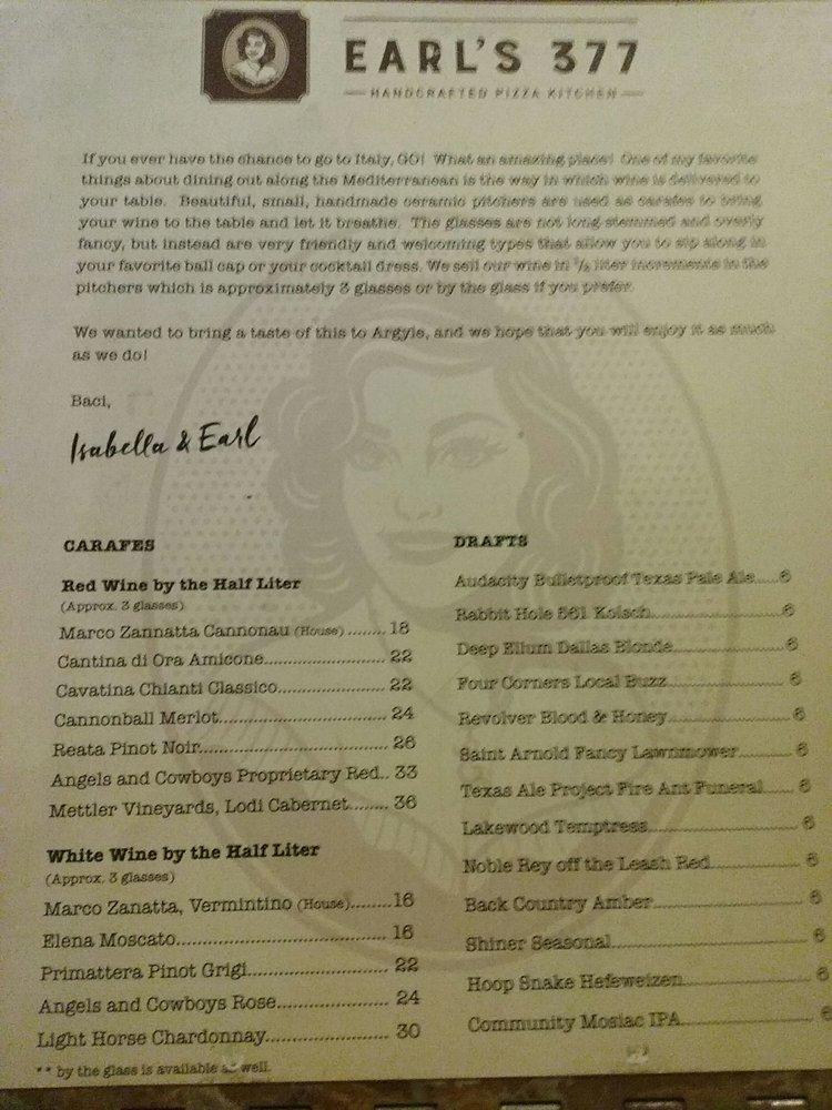 Menu at Earl and Isabella's Taverna pizzeria, Argyle, 427 US-377