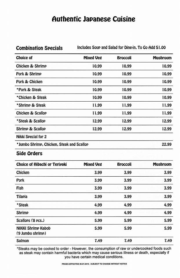 Menu at Nikki Japanese Restaurant, Township of Taylorsville