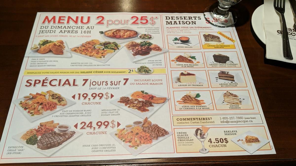 Menu at Restaurant Casa Grecque, Sainte-Thérèse