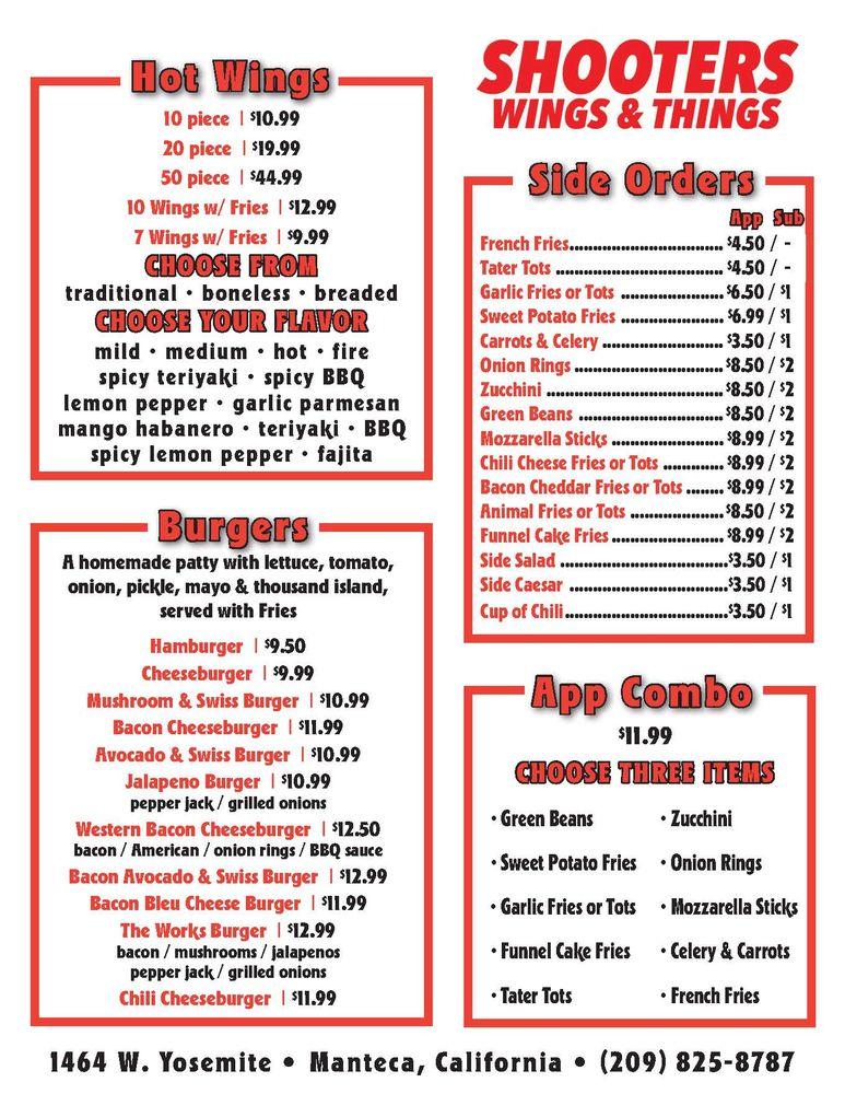 Menu at Shooters Wings & Things pub & bar, Manteca, W Yosemite Ave