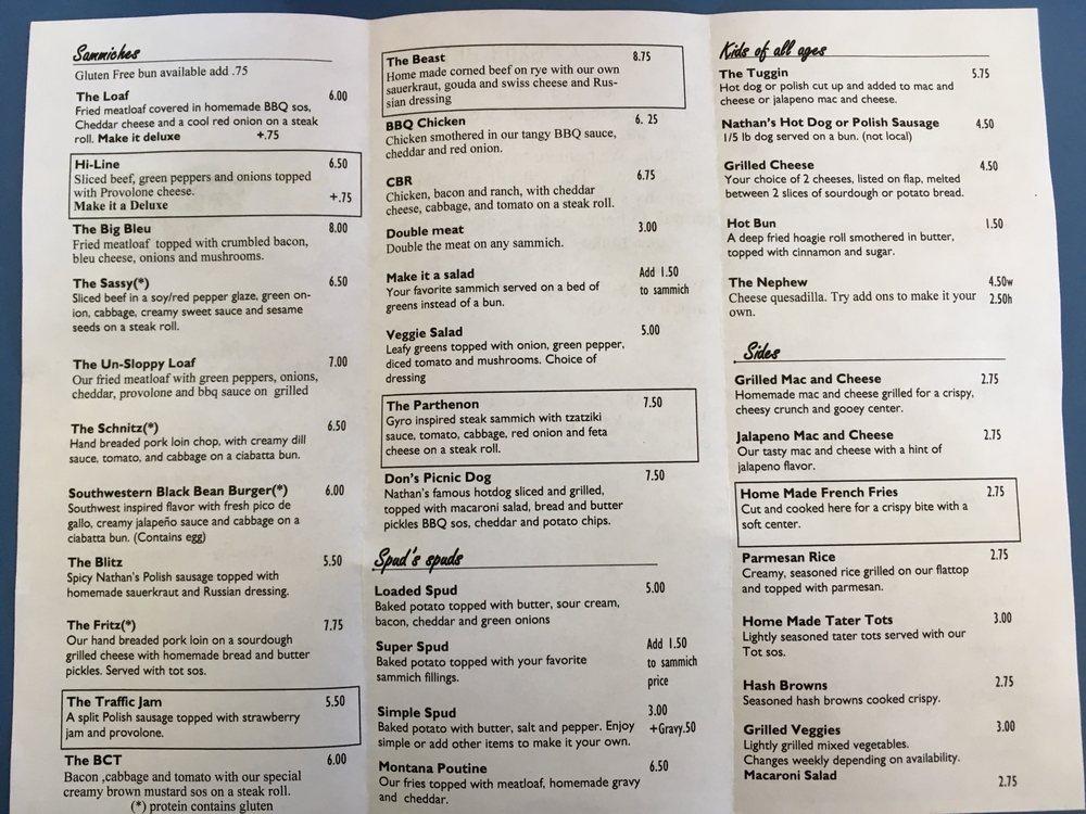 Menu at Spud's Grub Hut fast food, Havre